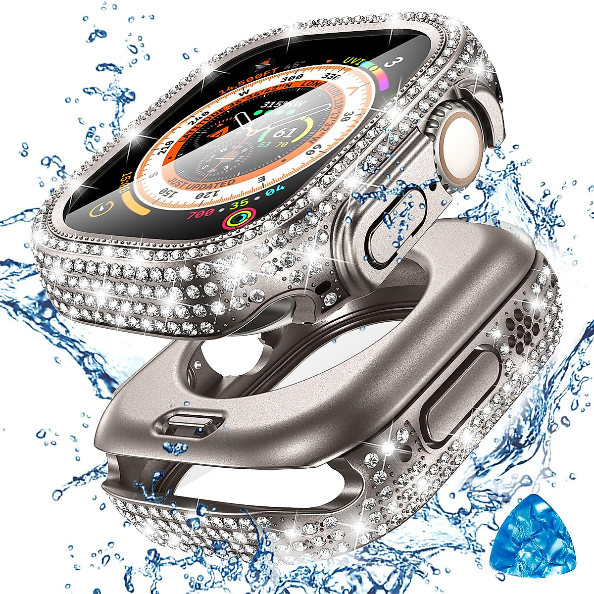 Tensea [2 in 1 for Waterproof Apple Watch Ultra2/Ultra Screen Protector Case 49mm Accessories, iWatch Hard PC Diamond Front and Back Bumper Case with Tempered Glass Film, Bling Face Cover Women, 49 mm