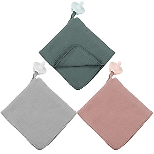3 Pieces Organic Cotton Muslin Baby Blanket with Snap Closure Pacifier Blanket Loveys for Babies Mini Baby Lovey with Holder Security Blanket (Pacifier Not Included)