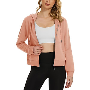 MAGCOMSEN Zip Up Hoodie Women Cropped Sweatshirt Fleece Lined Jacket Athletic Apricot L