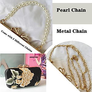 AININTON Women Embroidered Bag Silk Shoulder Bag Black Handbag Rectangle Crossbody Bag with Pearl Chain for Wedding Party Banquet