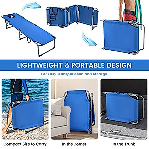 Moccha Folding Lounge Chair, Adjustable Beach Bed, Foldable Recliner with Pillow, Sunbathing Headrest and Tray, for Outdoor, Camping, Backyard, Patio, Pool (Blue)