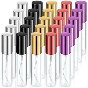 Yinder 25 Pcs Perfume Travel Refillable Atomizer bulk Perfume Bottles Empty Mini Perfume Sample Spray Bottle Clear Fragrance Bottle Cologne Perfume Containers(10 ml,Black, Red, Purple, Gold, Silver)