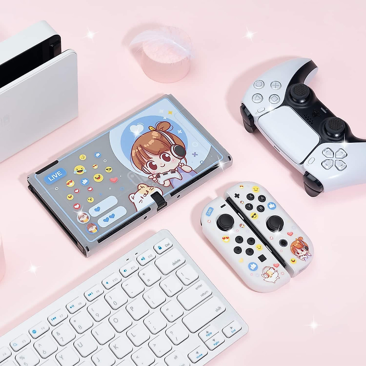 BelugaDesign Girl Gamer Case | Dockable Soft Anime Streaming Pastel Cute Snap on Cover Shell | Compatible with Nintendo Switch OLED Console Joycons (Switch OLED, Clear Blue)