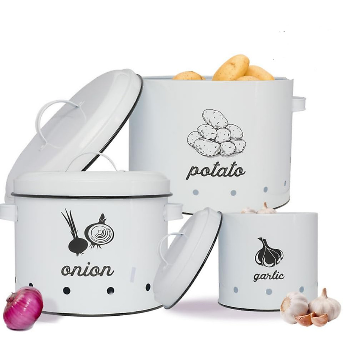 3-in-1 Large White Potato, Onion & Garlic Storage Canisters