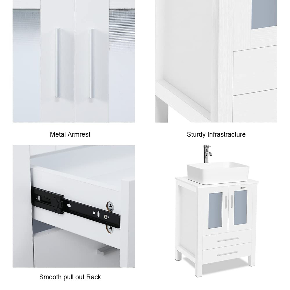 eclife 24" Bathroom Vanity Sink Combo White Stand Cabinet Rectangle White Ceramic Vessel Sink & Chrome Water Save Faucet & Solid Brass Pop Up Drain with Mirror (T03 B02W)