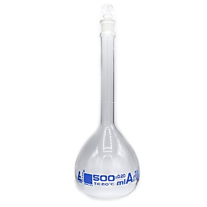 EISCO Volumetric Flask, 500ml - Class A, ASTM - Tolerance ±0.200 ml - Glass Stopper - Single, Blue Graduation