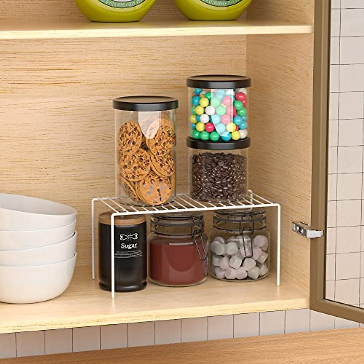 GEDLIRE Mini Kitchen Cabinet Shelf Organizers Set of 4, Small White Wire Storage Shelves Rack for Pantry, Metal Dish Plate Organizer Rack for Cabinet, Cupboard, Kitchen Organizers and Storage