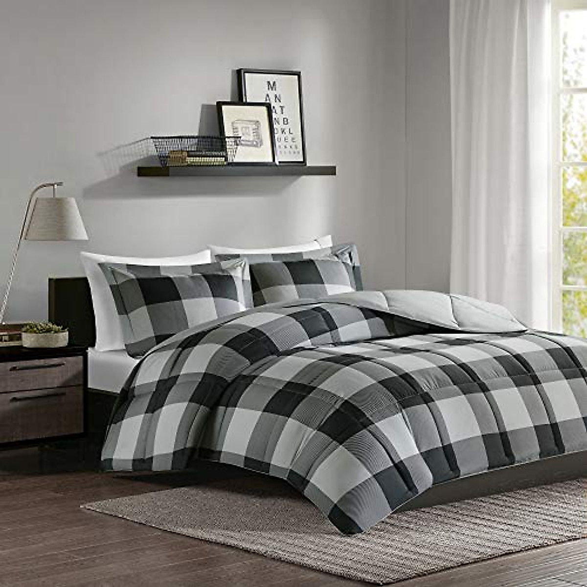 Madison Park Essentials Plaid Sets 3M Scotchgard Moisture Wicking - Ultra Soft Down Alternative Microfiber Bed Comforters, Twin/Twin XL, Grey/Black