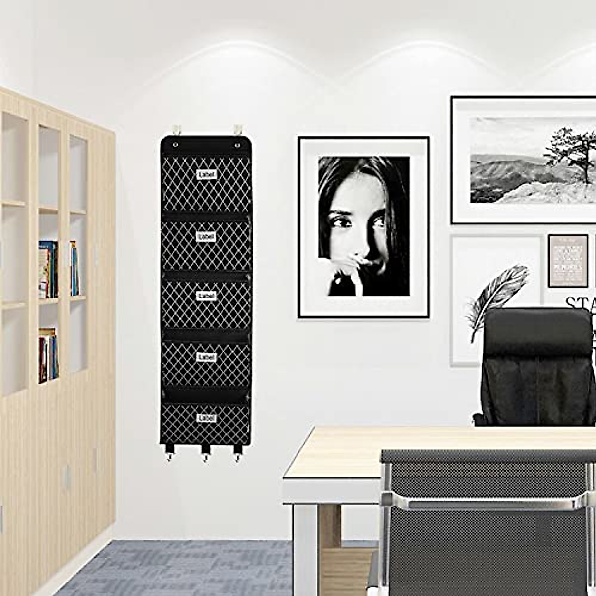 VERONLY Over the Door File Organizer, Wall Hanging File Folders with 5 Large Pocket for Mails, Magazines, Back to School Supplies,Office Chart Storage, Paper Organization (Black)