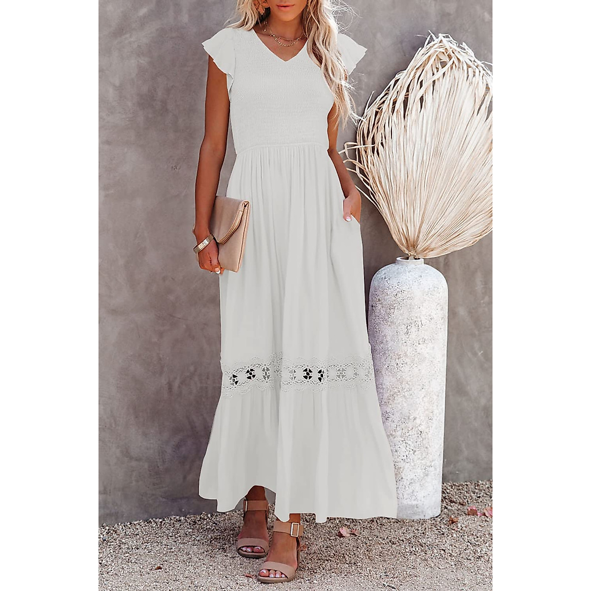 Ferlema Womens Summer Boho V Neck Sleeveless Solid Color Crochet Hem Ruffle A Line Beach Long Maxi Dress White Medium