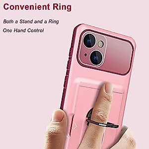 WATEFULL for iPhone 14 Case Wallet Card Holder with Kickstand Ring, iPhone 14 Case Cover 6.1” with Sliding Card Slot Hybrid Shockproof Bumper [Integrated Camera Cover] with 1 Screen Protector (Pink)