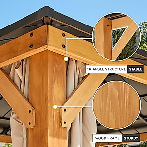 EROMMY 11'x13' Wood Gazebo, Outdoor Hardtop Gazebo Pavilion with Netting and Curtains, Spruce Wooden Frame Double Roof Metal Canopy for Patio Backyard Deck Garden
