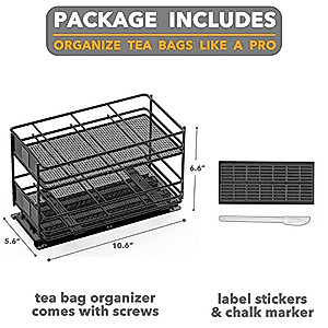 SpaceAid Pull Out Tea Bag Organizer Rack for Cabinet, Heavy Duty Slide Out Teabag Organizer for Kitchen Cabinets, with 70 Labels and Chalk Marker, 5.6"W x10.6"D x 6.6"H, 1 Drawer 2-Tier, Black