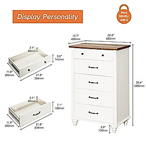 WAMPAT White Dresser for Bedroom with 5 Drawers, Tall Kids Dressers with Wide Chest of Drawers, Mid Century Modern Wooden Closet Storage Organizer, Samll Dressers for Living Room, Nursery, Hallway