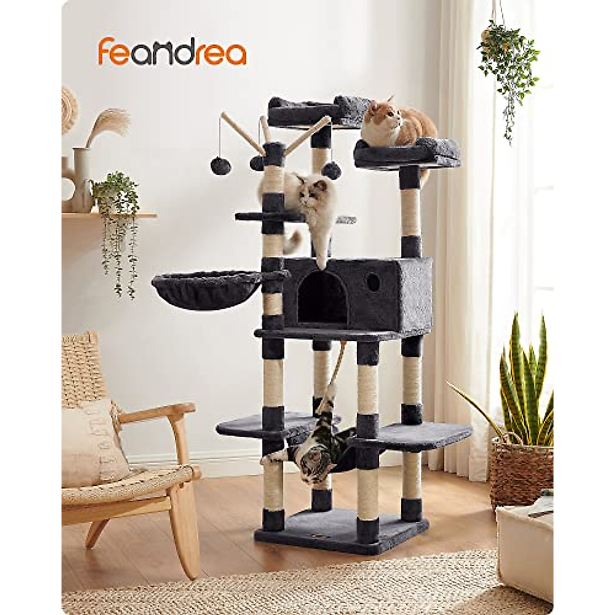 FEANDREA Cat Tree, Large Cat Tower, 64.6 Inches, Cat Activity Center with Hammock, Basket, Removable Fur Ball Sticks, Cat Condo, Smoky Gray UPCT087G01