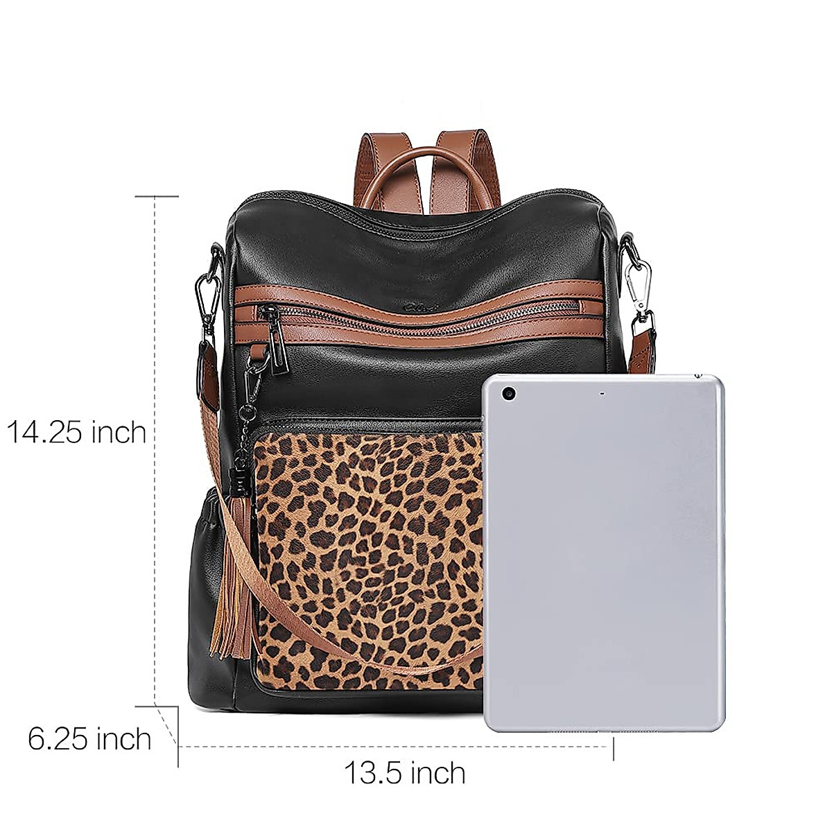 CLUCI Backpack Purse for Women Leather Fashion Travel Designer Large Ladies Shoulder Bags with Tassel Black with Leopard