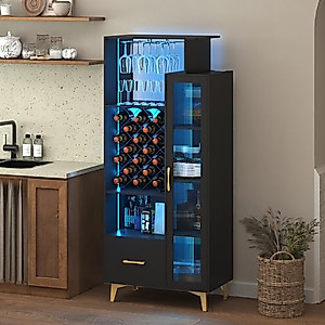 Vlsrka LED Liquor Wine Cabinet, Wine Bar Cabinet with USB Port, Bar Cabinets for 18 Bottle Wine Rack and 3 Glass Holder, Tall Sideboard Buffet Storage Cabinet for Living, Dining Room, Black