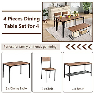 Tangkula 4-Piece Dining Table Set, Kitchen Table with Bench and Chairs, Metal Frame, Space-Saving Furniture, Modern 4-Person Dinette for Kitchen, Dining Room