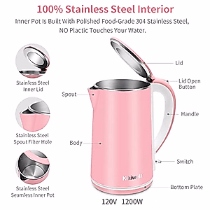 Electric Kettles Stainless Steel for Boiling Water, Double Wall Hot Water Boiler Heater, Cool Touch Electric Teapot, Auto Shut-Off & Boil-Dry Protection, 120V/1200W, 1.8Liter, 2 Year Warranty(Pink)