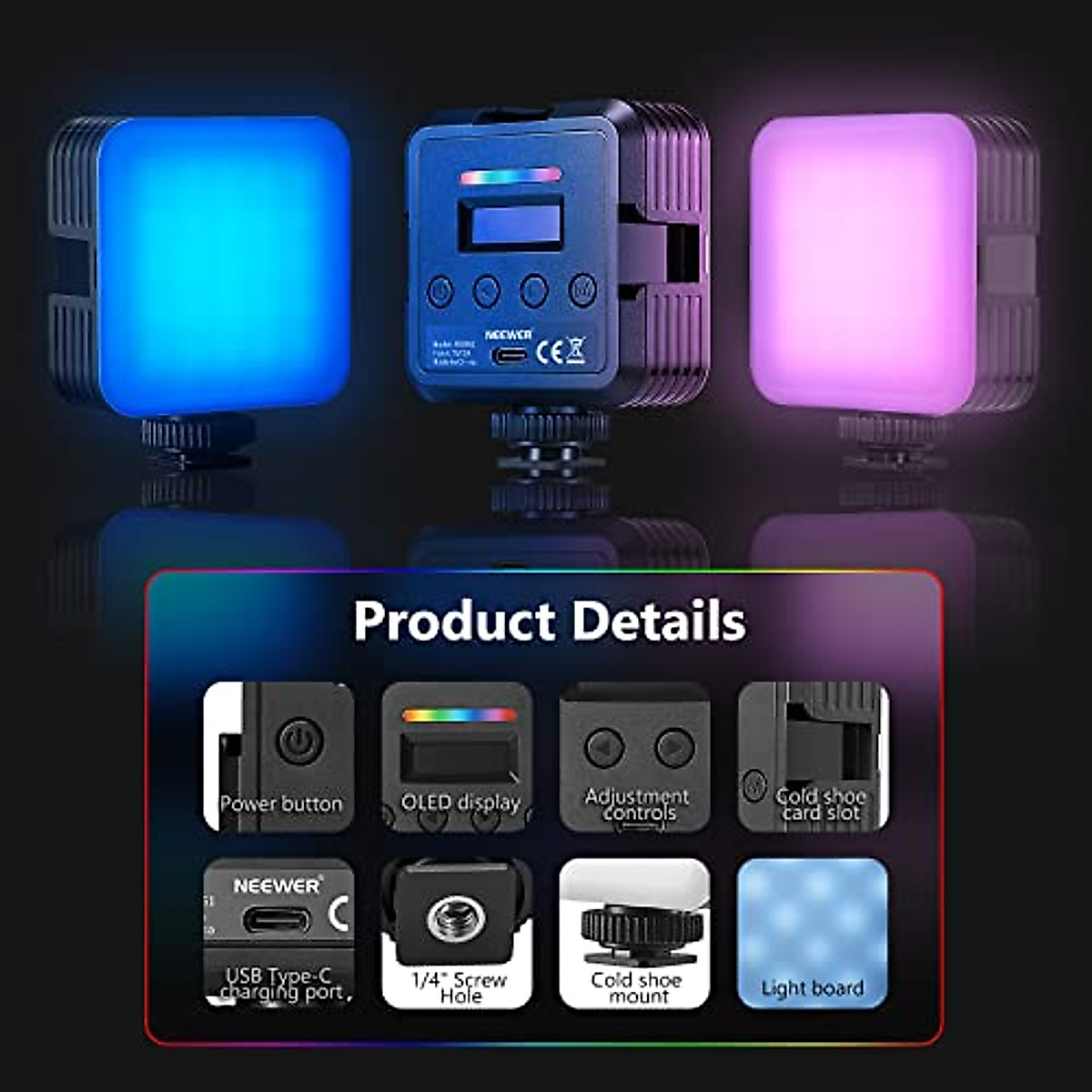 Neewer Magnetic RGB Video Light, 360° Full Color RGB61 LED Camera Light with 3 Cold Shoe Mounts/CRI 97+/20 Scene Modes/2500K-8500K/2000mAh Rechargeable Portable Photography Lighting