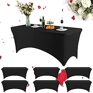 6 Pack Spandex Table Cover Fitted Spandex Tablecloths Stretch Table Cover Stretchy Table Cloth Washable Polyester Table Protector for Folding Rectangle Table, Wedding Party or Event(Black,8 Ft)