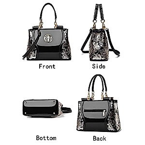 SMALLBLUER Women Patent Leather Tote Crossbody Bag Retro Pattern Shoulder Bags Satchel-Black