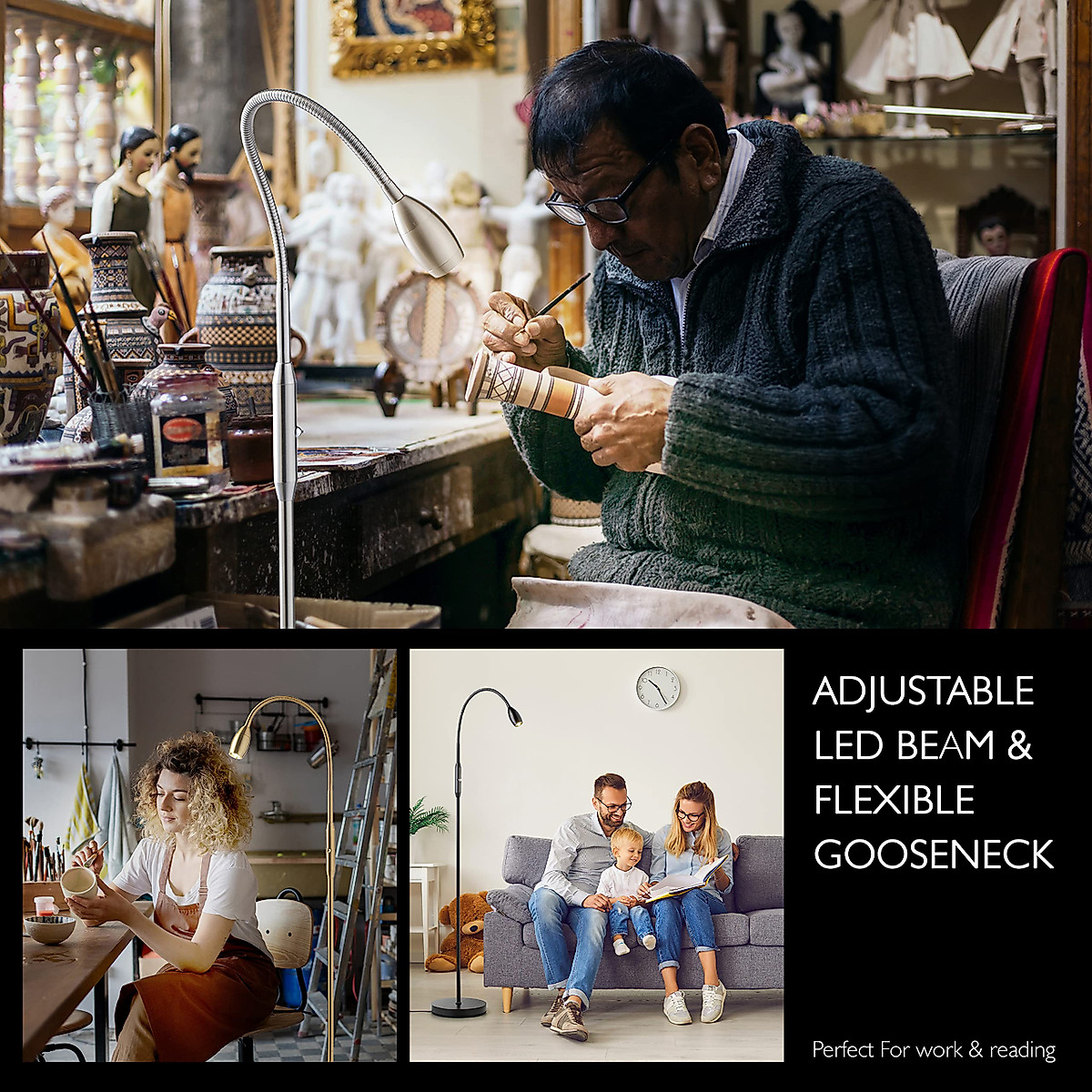 O’Bright Ray – Adjustable LED Beam Floor Lamp, Dimmable and Zoomable Spotlight, Flexible Gooseneck, Reading/Crafting Standing Lamp, Work Table Light, Brushed Nickel