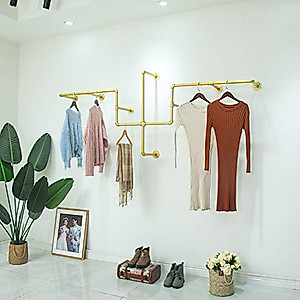 CIVANA Industrial Pipe Clothing Rack, Wall Mounted Garment Hanging Bar, Iron Commercial Clothes Hanger, Cloth Display Rack for Retail, Boutiques, 86.6in, Gold