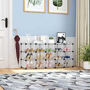 C&AHOME Plastic Shoe Rack,16-Cube Modular Shoes Storage Stand, Multifunction Closet Cabinet, Stackable Shoe Organizer for Bedroom Doorway Entryway Hallway, 36" L × 14.2" W × 28" H White SRP15A