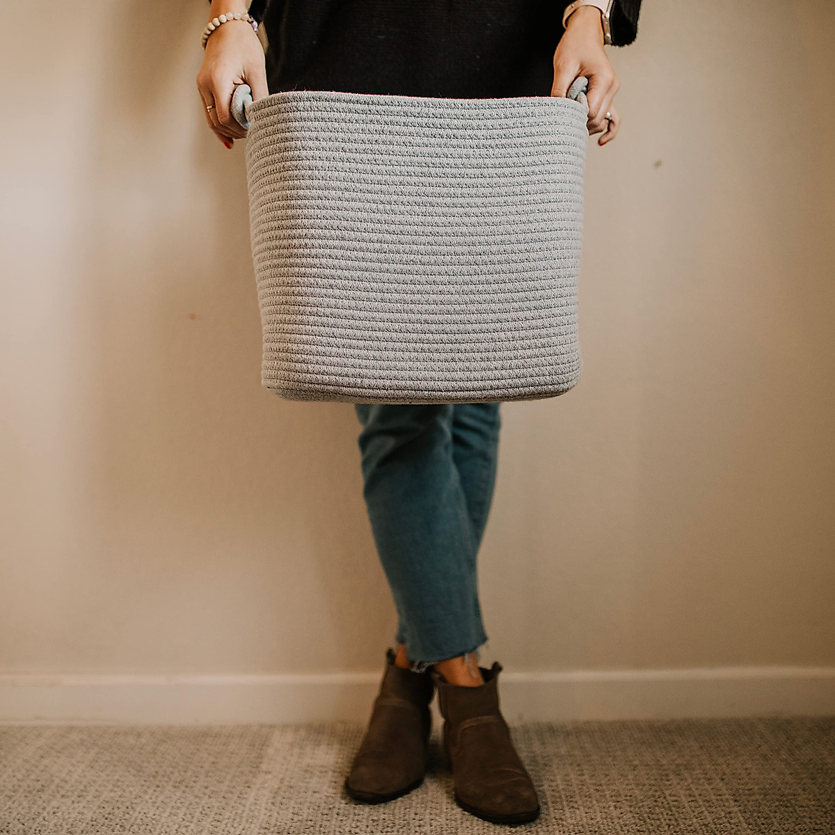 Parker Baby Rope Storage Cube Bin - 11 Inch Nursery Cubby Storage Bin Cubes for Cube Organizer, Closet Organizers and Storage Toy Bin, Rope Baskets Bins for Toys Storage - Gray