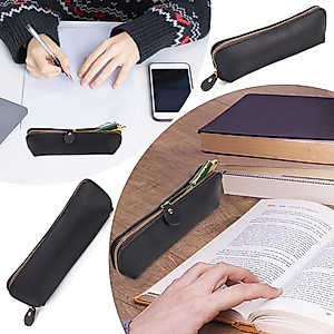 GORGECRAFT Leather Pencil Pouch Genuine Leather Pen and Pencil Case Large Capacity Crazy Horse Black Portable Rectangle Leather Pen Bags with Zipper for Men and Women Office Supplies Pen Case