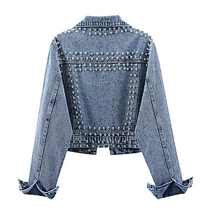 Women's Fashion Cropped Jean Jacket Lapel Long Sleeve Button Down Studded Short Rivet Denim Jacket Coat