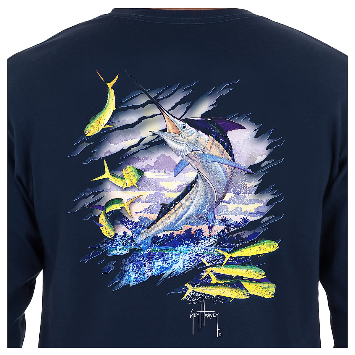 Guy Harvey Men's Ripped Long Sleeve T-Shirt, Estate Blue/Ripped, X-Large