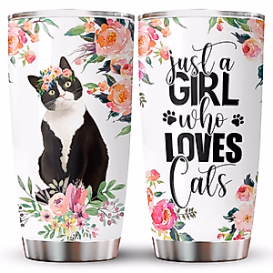 34HD Just A Girl Who Loves Cats Tumbler with Lid, 20 oz Stainless Steel Vacuum Insulated Tuxedo Coffee Mug, Cat Mom Gifts for Cat Lovers Women Birthday Mothers Day Christmas
