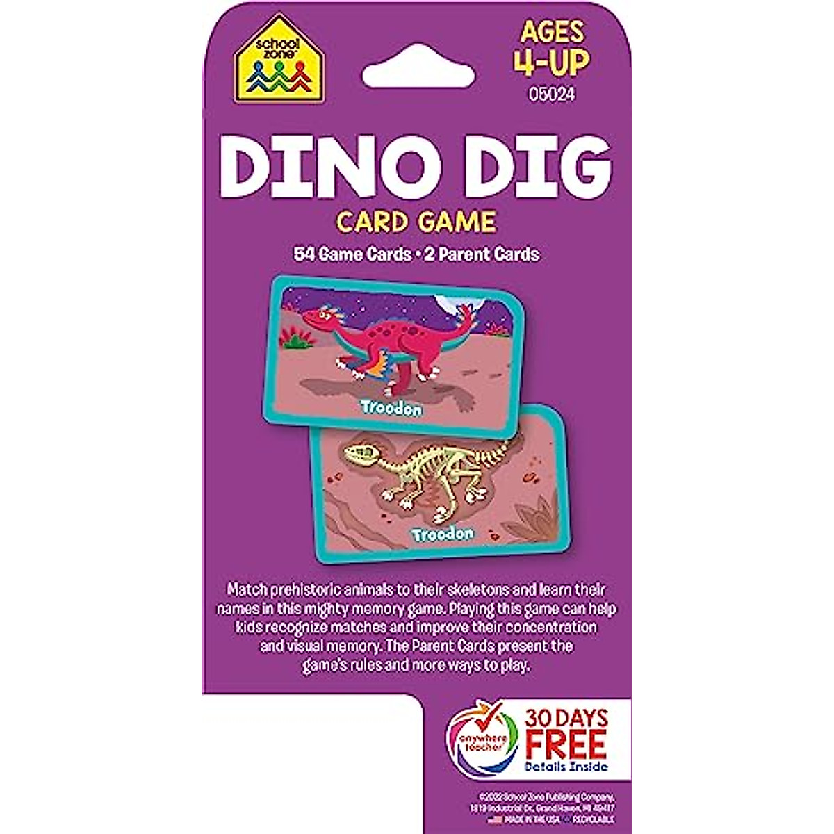 School Zone - Dino Dig Card Game - Ages 4+, Preschool to Kindergarten, Dinosaurs, Dinosaur Names, Counting, Matching, Vocabulary, and More (School Zone Game Card Series)