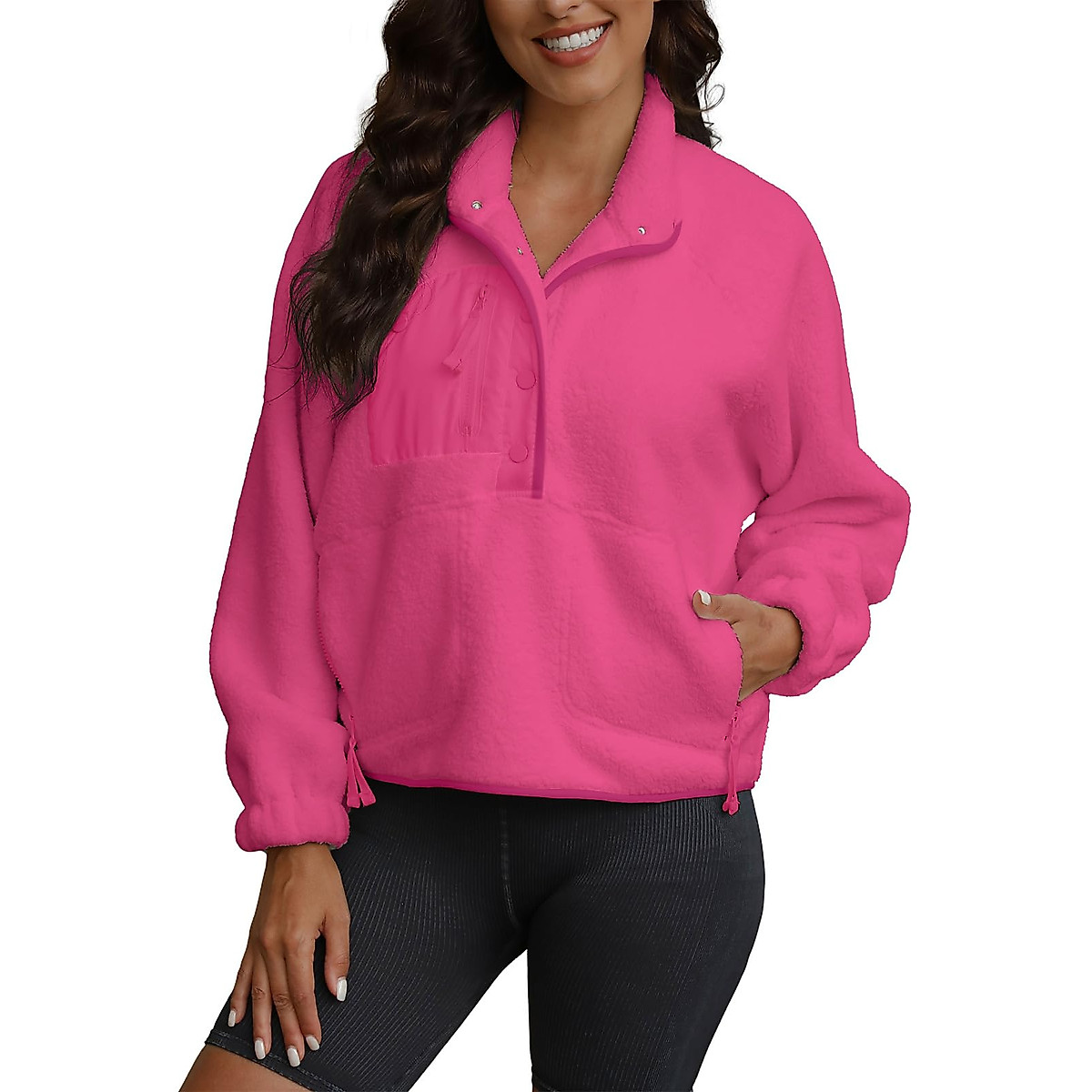 Yanekop Womens Fuzzy Fleece Pullover Sherpa Sweatshirt Long Sleeve Button Down Sweater Jacket with Pockets(Hot Pink,L)