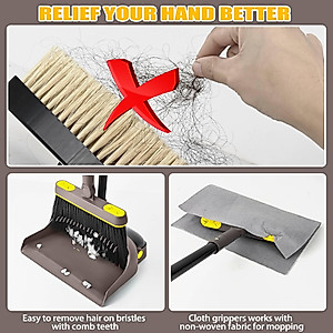 JEHONN Broom with Dustpan Combo Set Lightweight 54'' Long Handle Swivel Broom Indoor Patented Openable Dust Pan Tail for Kitchen Home Office (Brown Yellow)