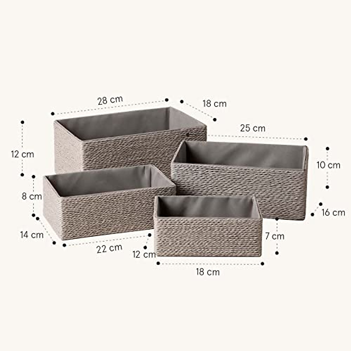 LA JOLIE MUSE Storage Baskets Set 4 - Stackable Woven Basket Paper Rope Bin, Storage Boxes for Makeup Closet Bathroom Bedroom (Gray)