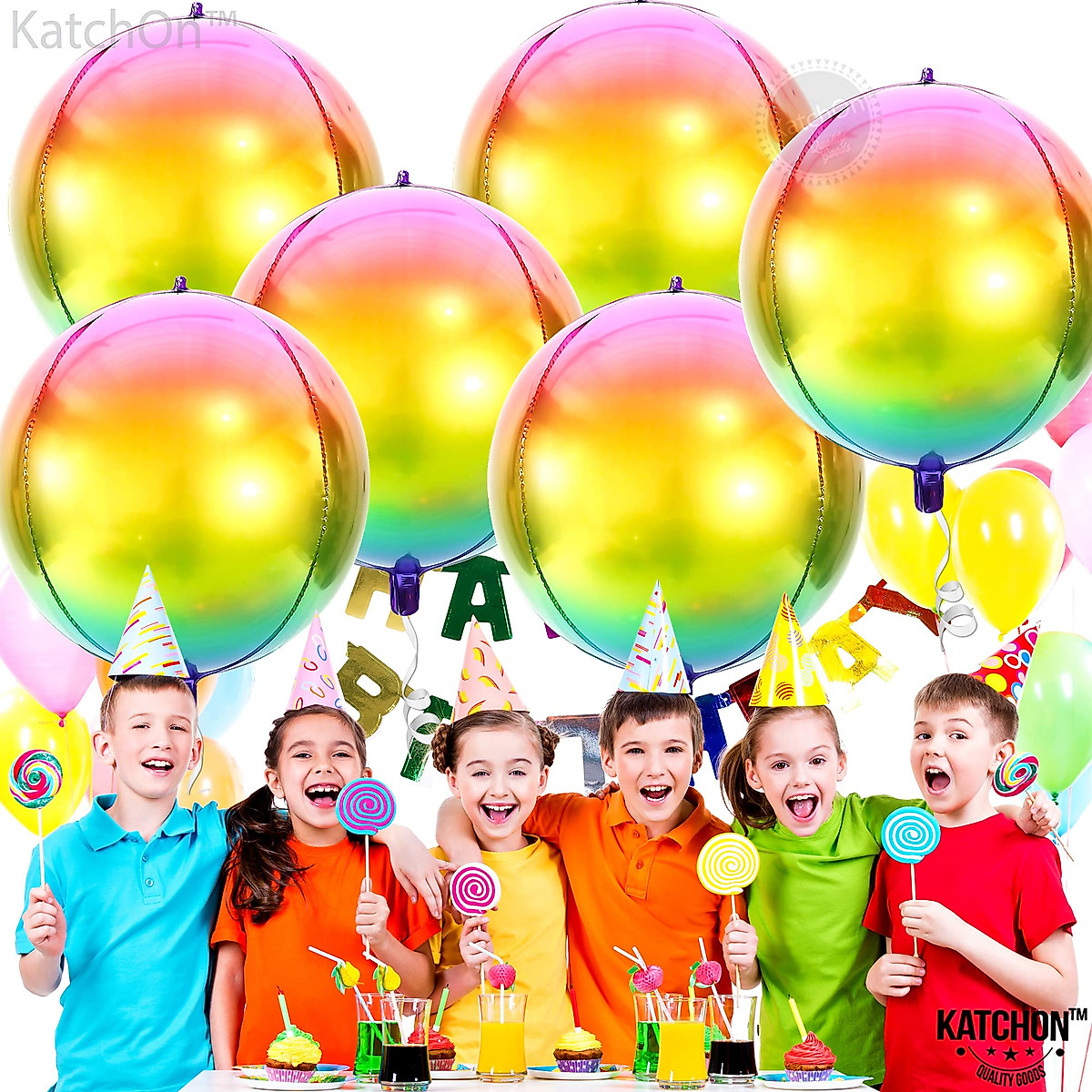 KatchOn, Rainbow Foil Balloons - 22 Inch, Pack of 6 | 4D Gradient Rainbow Balloons | Tie Dye Balloons for Birthday Party Decor | Rainbow Unicorn Balloons | Rainbow Mylar Balloons, Iridescent Balloons