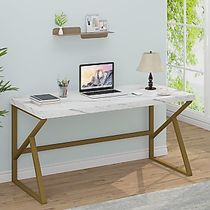 HSH White Faux Marble and Gold Desk, Modern Home Office Executive PC Laptop Computer Desk, Farmhouse Writing Study Work Gaming Table for Bedroom Living Room, Simple Metal Wood Workstation, 55 Inch