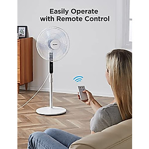 PELONIS 16" Oscillating Pedestal Stand Up Fan | Adjustable Height | Ultra Quiet DC Motor | Remote Control | 12 Speed | 12-Hour Timer | High Energy Efficiency | for Bedroom Home Office Use | White