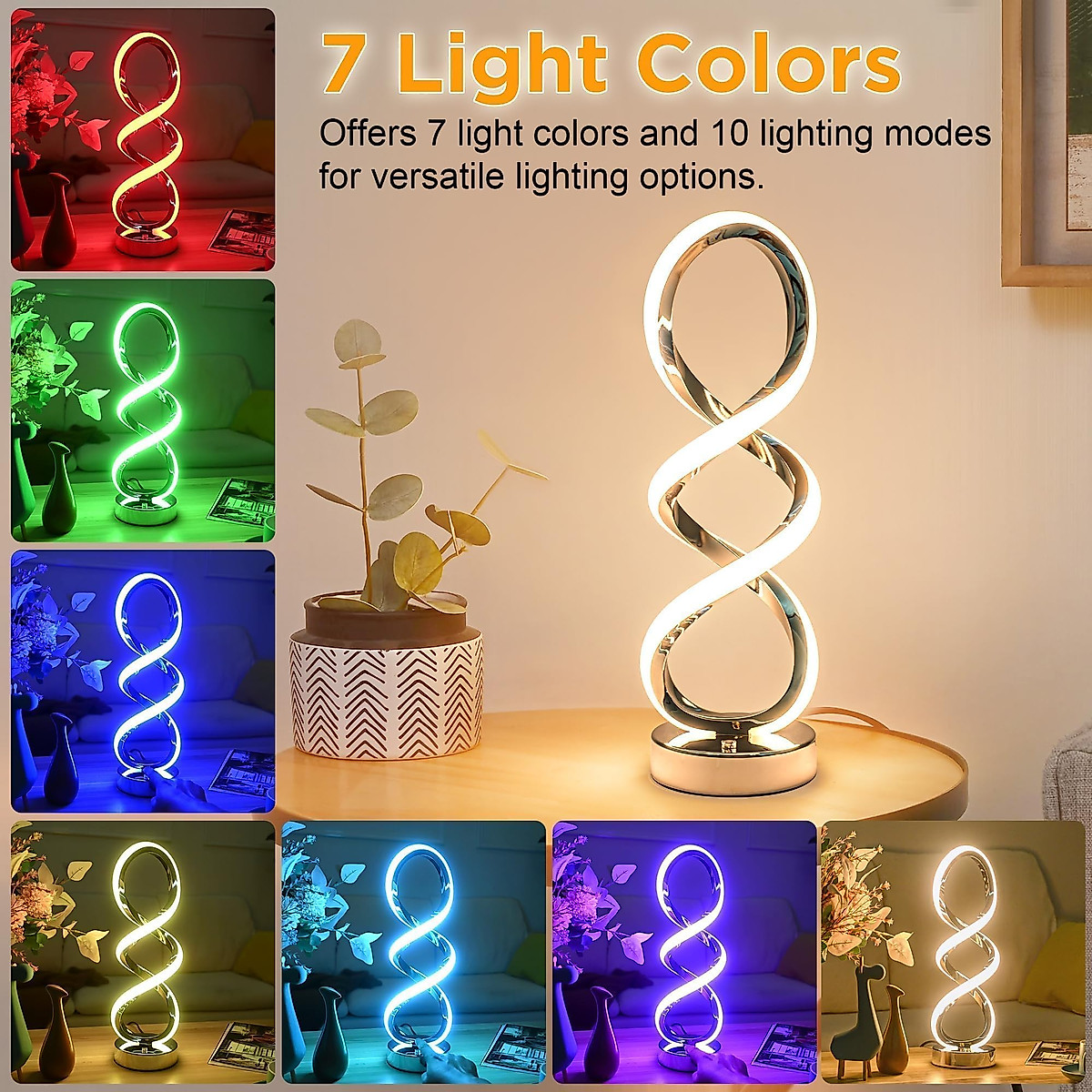 Adebime Modern Spiral RGB Table Lamp, Touch Dimmable Bedside Lamp, 7 Colors 10 Light Modes Spiral Design Table Lamp, Unique Nightstand Lamp for Living Room, Bedroom, Cool Lamps