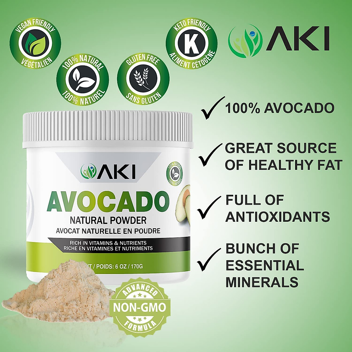 AKI Avocado Superfood Powder (6oz/170g) - Rich in Nutrients, Vitamins, Omega 3 & Antioxidants - Ideal for Smoothies, Yogurt or Milkshake Popsicles - Vegan & Non-GMO