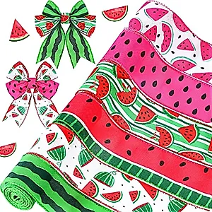 6 Roll 30 Yard Summer Wired Ribbon 2.5 Inch Watermelon Print Wired Edge Ribbons DIY Stripe Watermelon Ribbon Burlap Fruit Ribbon Roll Gift Wrapping Ribbon for Wreath Craft Baby Shower Party Decoration