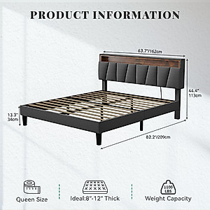 YITAHOME Queen Size Bed Frame, LED Bed Frame with Storage Bookcase Headboard, Upholstered Platform Bed with Charging Station, No Box Spring Needed, Easy Assembly, Grey