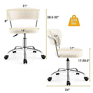 Giantex Home Office Chair, Faux Fur Low Back Swivel Leisure Chair w/Height Adjustable Padded Seat, Rolling Armless Vanity Chair w/Galvanized Steel Frame for Bedroom Study Guest Room, White