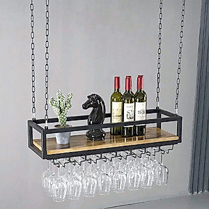 Ceiling Wine Glass Rack - Hanging Wine Rack with Glass Holder and Shelf, Height Adjustable Industrial Hanging Wine Bottle Holder, Black Metal Ceiling Shelf for Bar Cafe Kitchen (39.3×9.8×8.6in)