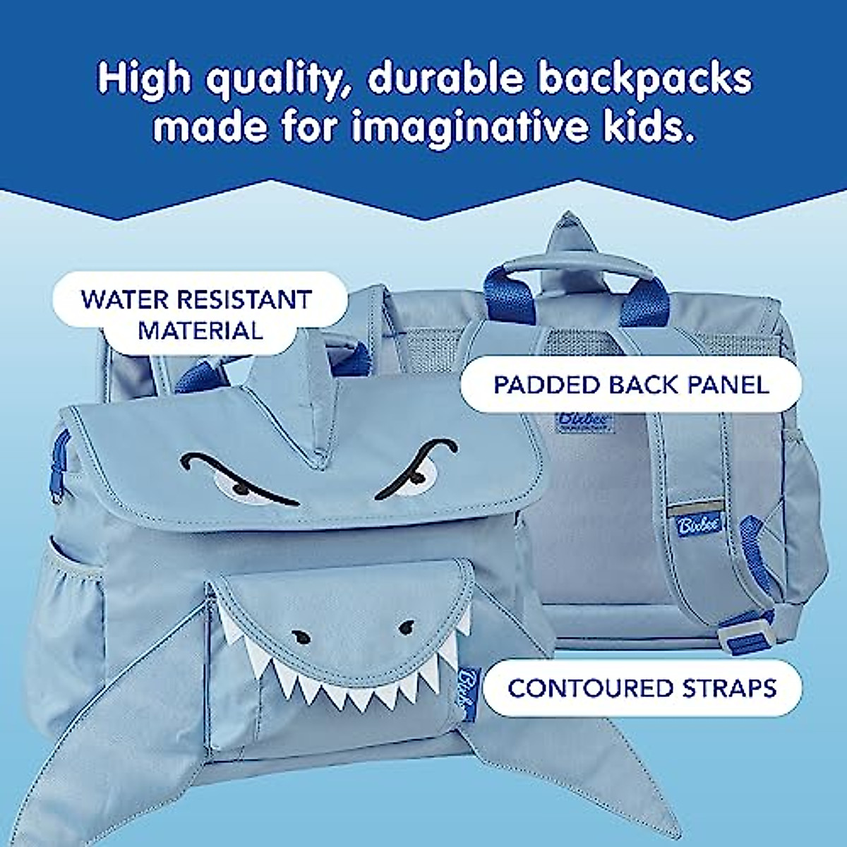 Bixbee Kids Backpack, Blue Shark Backpack for Boys & Girls, Water Resistant Backpack with Pockets, Durable Zippers & Easy Carry Design - Perfect Size Children's Bookbag for School.