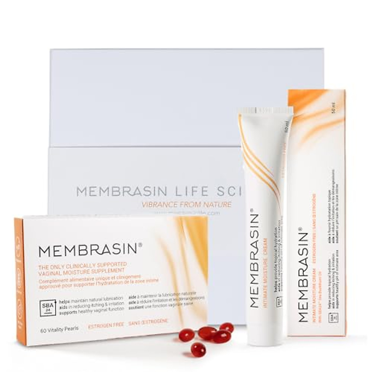 Membrasin 30 Day Vitality Pearls Natural, Estrogen-Free Oral Vaginal Moisture Supplement and Topical Vulva Cream, Provides Relief from Feminine Dryness, Burning, Irritation, and Itching