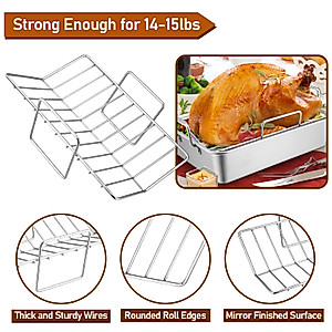 Joyfair 14-inch Roasting Pan with Rack, Stainless Steel Turkey Roaster Baking Pan & V-Shaped Rack for Chicken Meat Vegetable, Rectangular Lasgana Pan with Riveted Handle, Heavy Duty & Dishwasher Safe